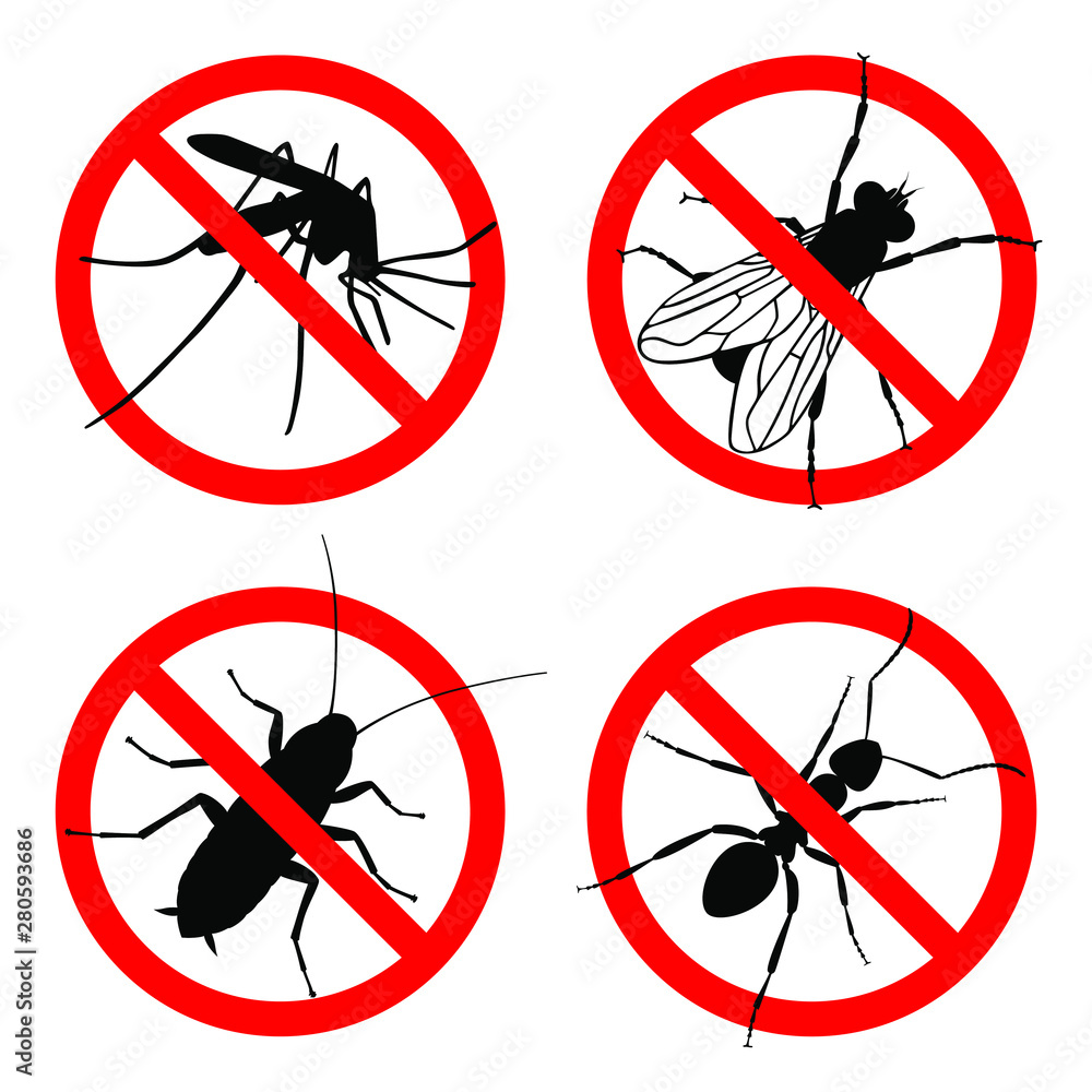 Warning sign NO INSECTS. Prohibited sign. Set icons: NO MOSQUITOES, NO ...