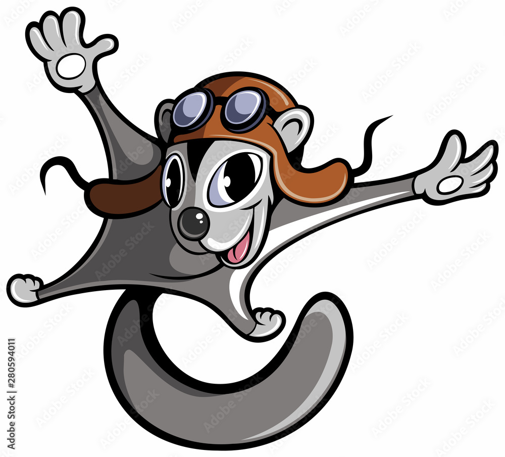 Cartoon style japanese dwarf flying squirrel with leather flying helmet ...
