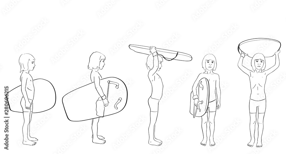 Set of little girls with bodyboard. Vector bodyboarding flat ...