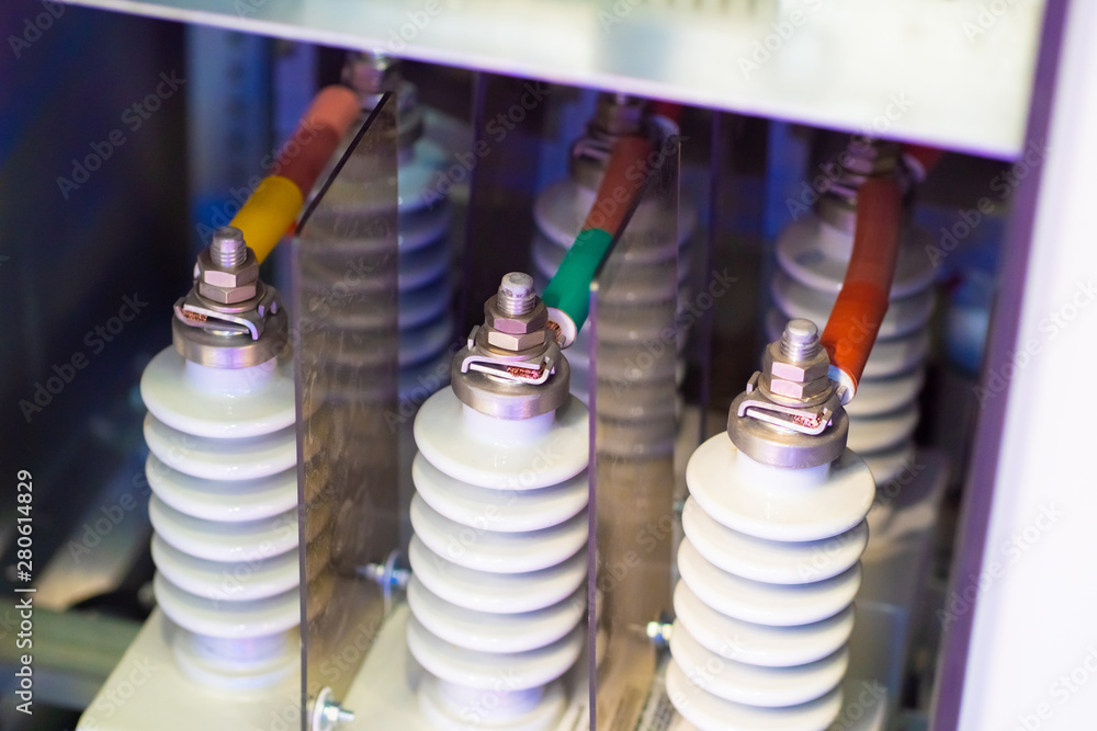 Set of ceramic insulators. Electroenergetics. High voltage. Security ...