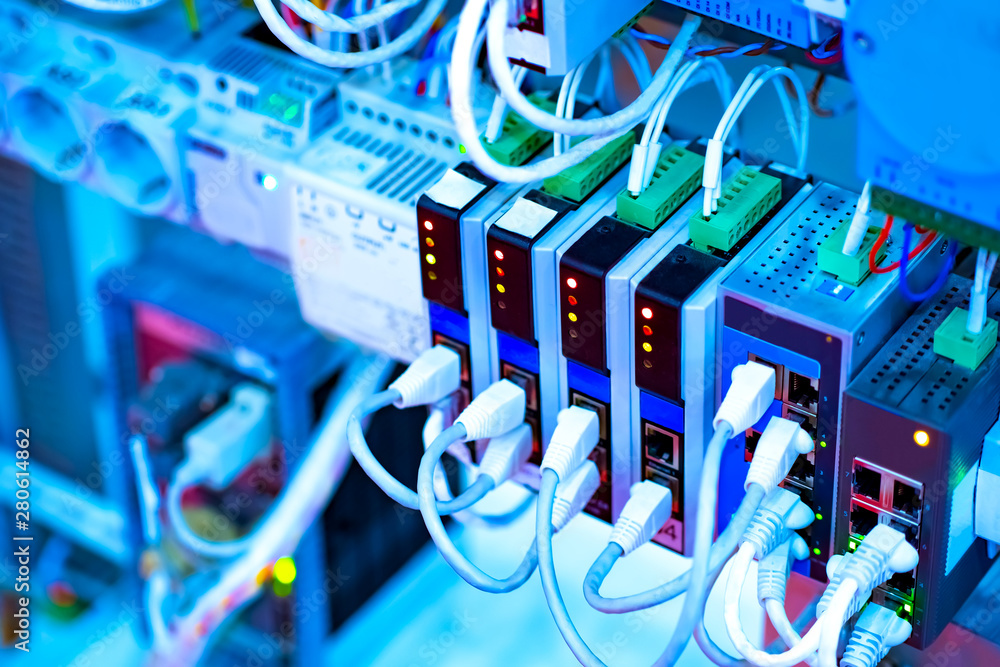 The source of electrical power. Wires connected to power supply. Cables ...