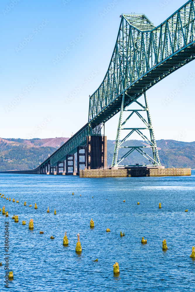 A section of the Astoria-Megler Bridge, a steel cantilever through ...