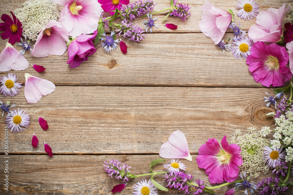 summer flowers on old wooden background Stock Photo | Adobe Stock
