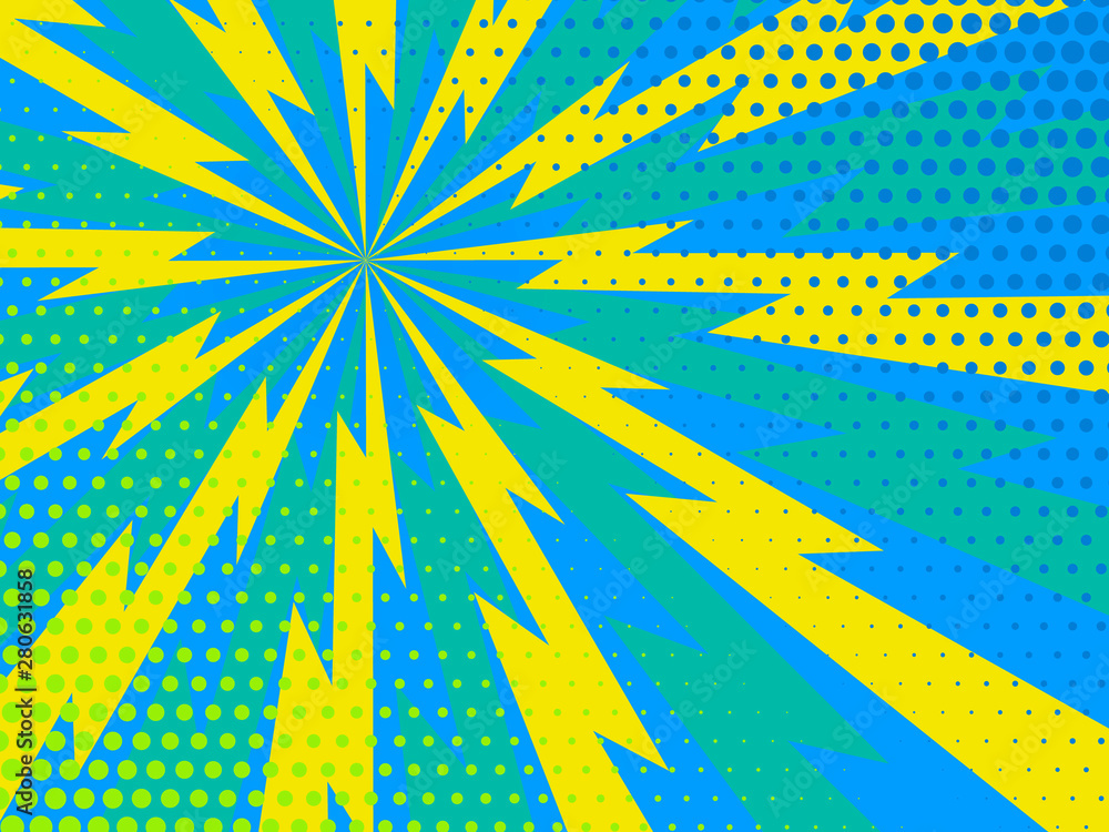 Blue and yellow Comic rays dots background. Vector illustration in pop ...