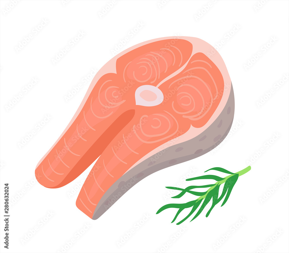 Fresh raw salmon steak vector image drawn in flat cartoon style. Fish ...