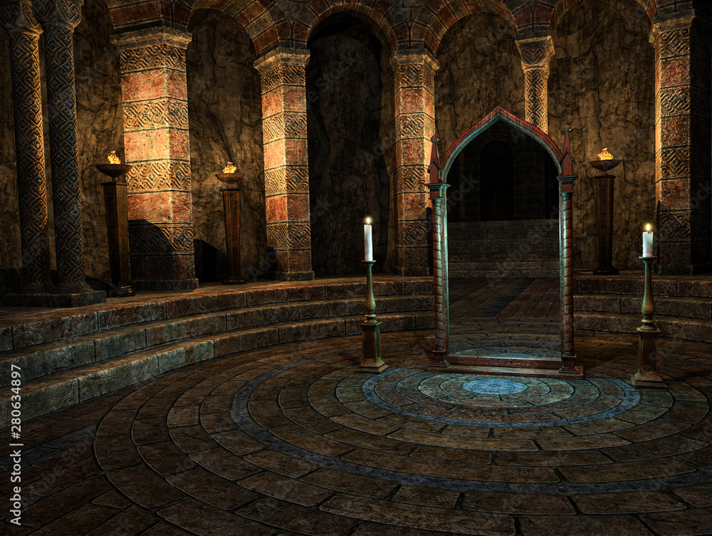 Fantasy Magic Mirror Room with Torchieres View 2, 3D illustration, 3D ...