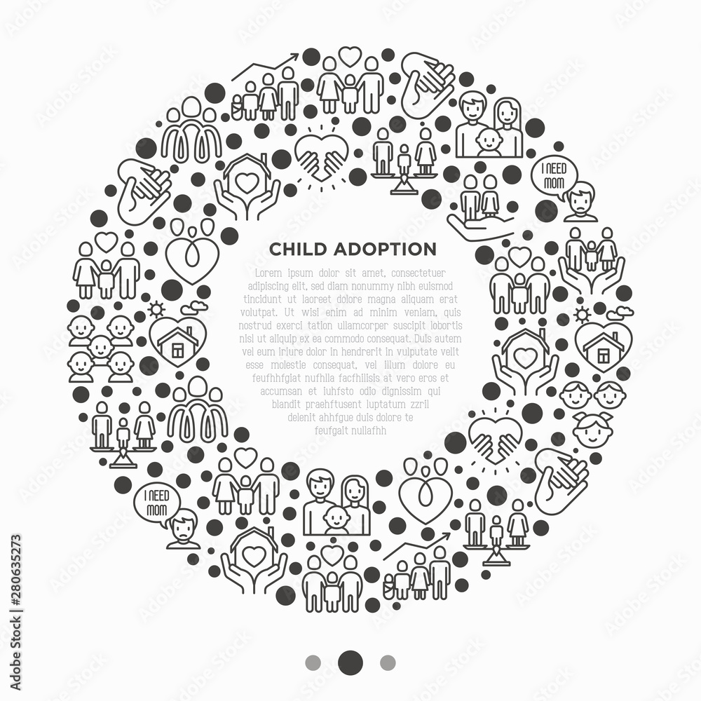 Child adoption concept in circle with thin line icons: adoptive parents ...