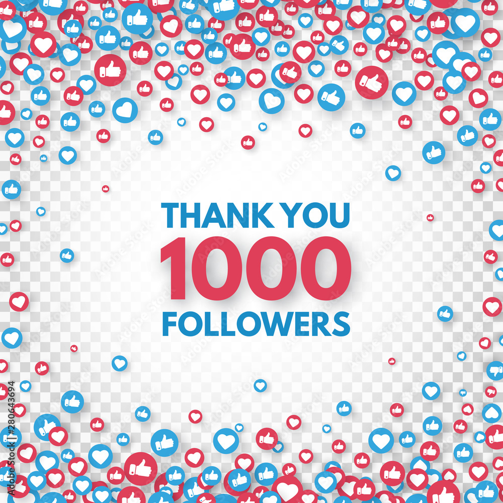 Thank you 1000 followers background. Social media concept. 1k followers celebration banner. Like ...