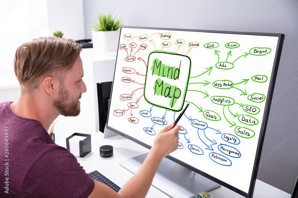 Businessman Making Mind Map Chart On Computer Stock Photo | Adobe Stock
