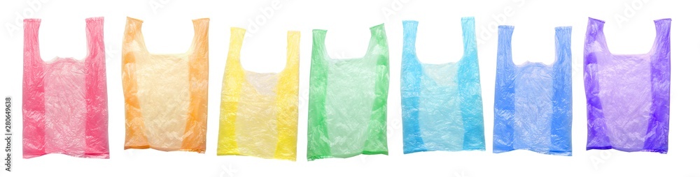 Plastic rainbow packs are isolated on a white background. Environmental ...