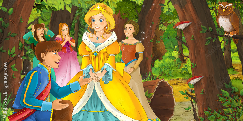 cartoon scene with happy young girl princess in the forest encountering ...