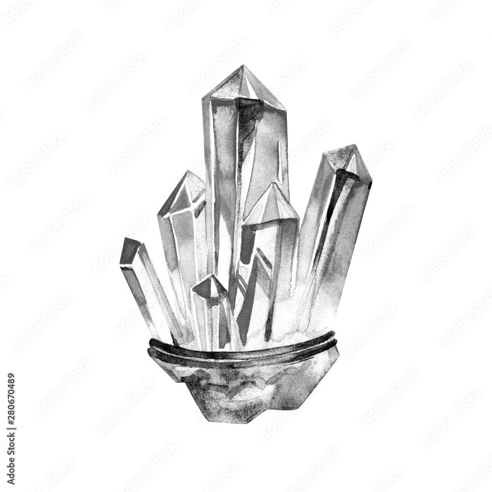 Black crystal cluster painted in watercolor on white isolated ...