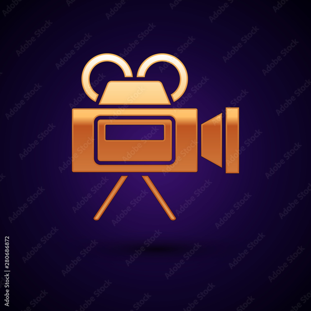 Gold Cinema camera icon isolated on dark blue background. Video camera ...