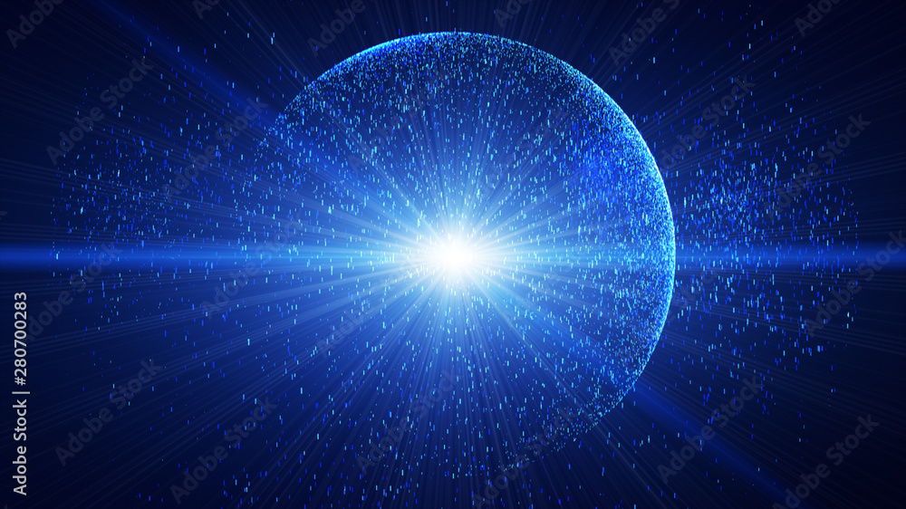 The dark blue background has a small blue dust particle that shines in ...