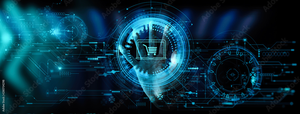 Hand pushing virtual symbol of online shopping with modern UI computer ...
