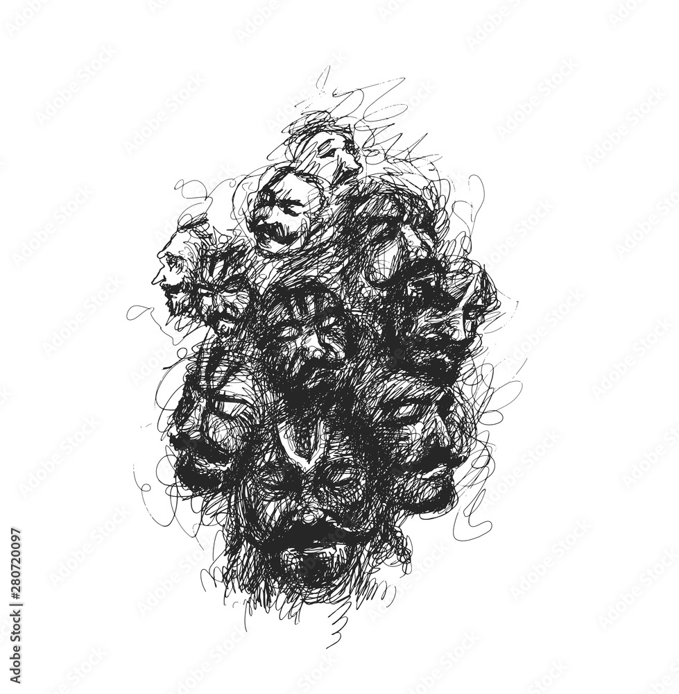 Human faces continuous line, drawing of heads, Hand Drawn Sketch Vector ...