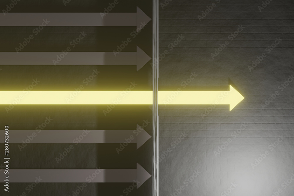 Glowing arrow breaking through wall on concrete background ...