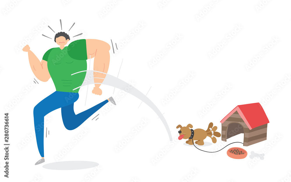 Muscular man scared of small dog and running away, hand-drawn vector ...