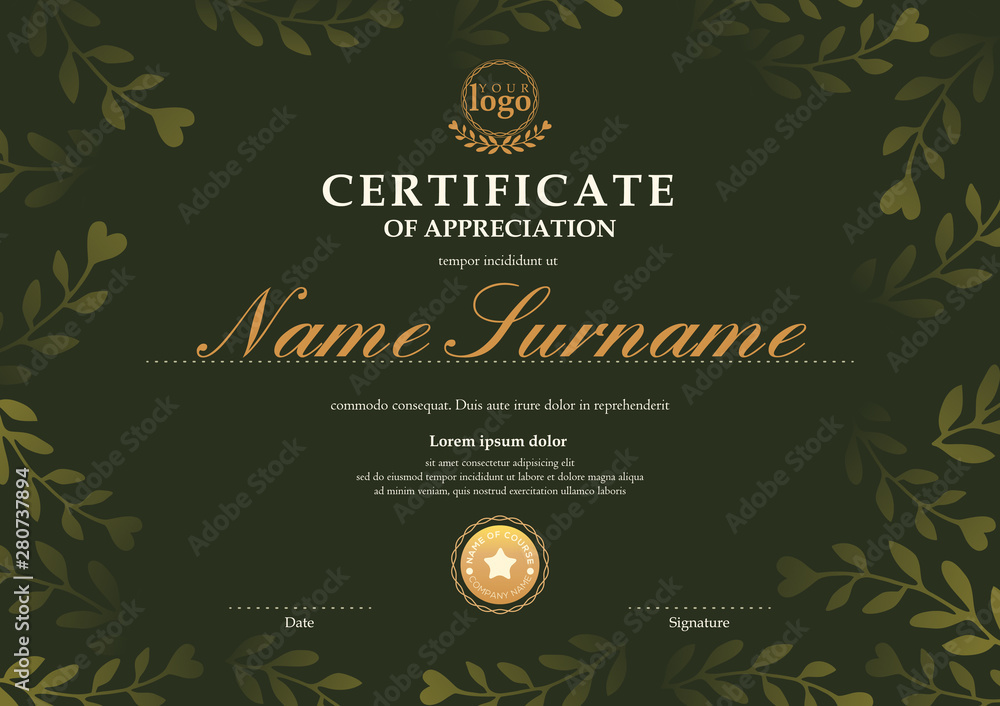 Certificate template with dark green floral leaf pattern background ...