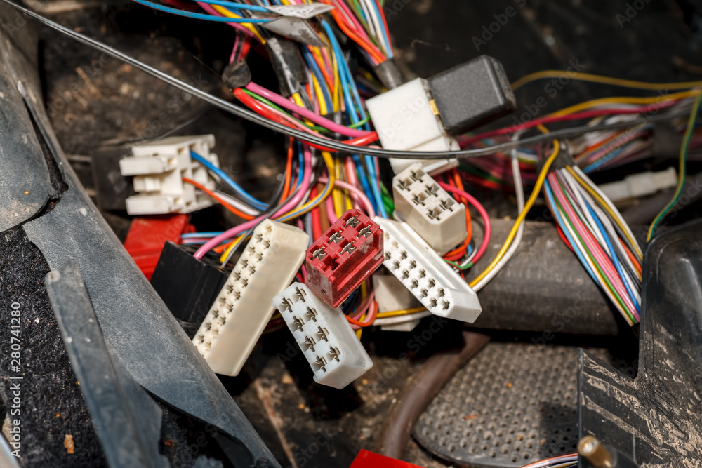 Car electrical wires with plastic connectors close-up shot Stock Photo ...