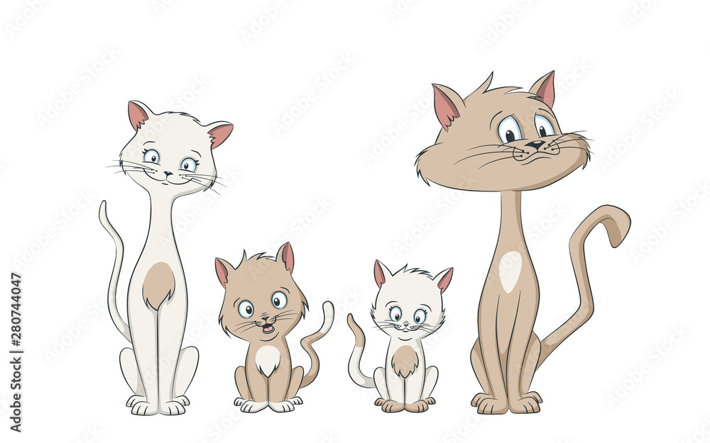Cut cartoon cat family. Hand drawn vector illustration. Stock Vector ...