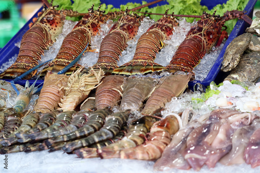 Fresh lobster and seafood on street food can be seen in Thailand and ...