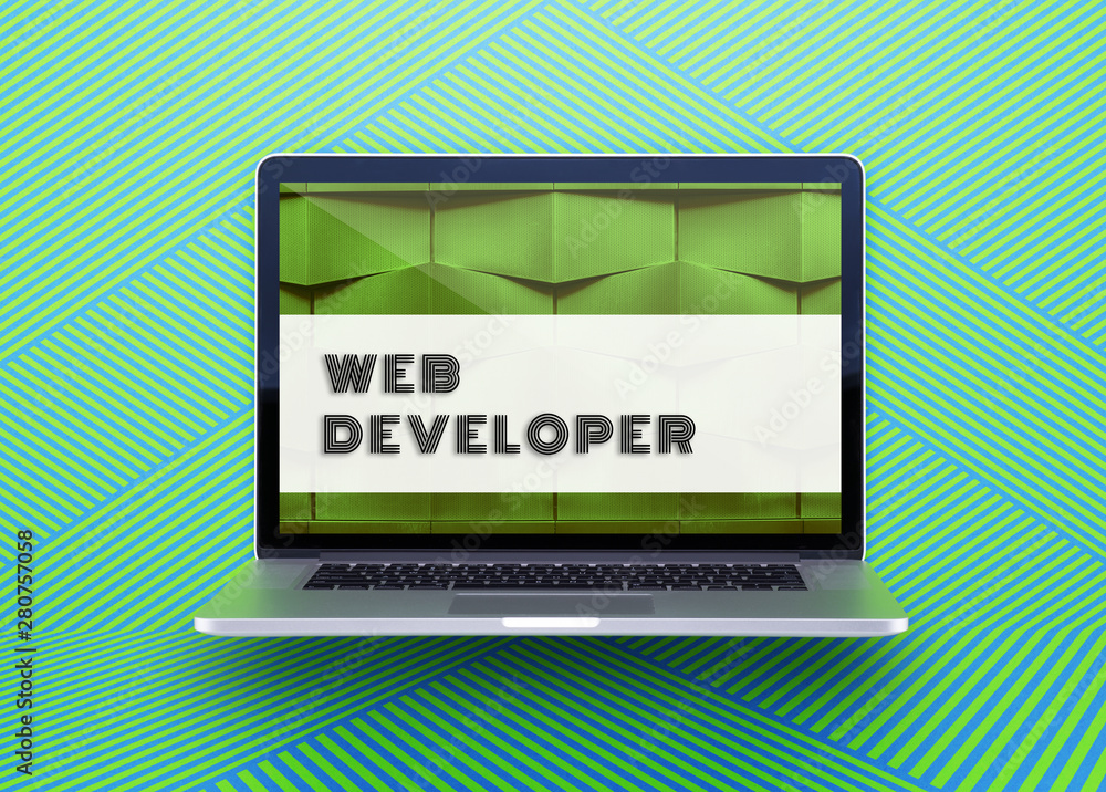 Computer staying on a table & showing the screen. Trendy & vibrant ...