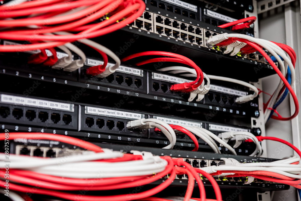 Network switch and ethernet cables in red and white colors. Data Center ...