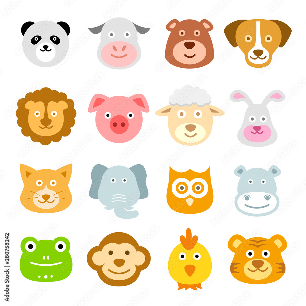 Animal Faces Icons, Baby Animal Heads, Zoo, Nature Stock Vector | Adobe ...