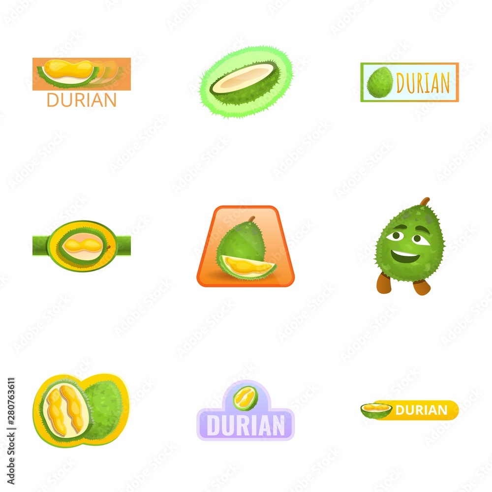 Durian logo set. Cartoon set of 9 durian vector logo for web design ...