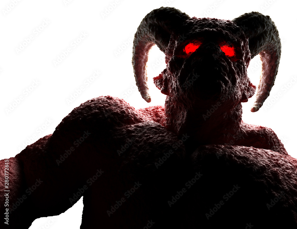 Powerful demon, devil, imp, monster with twisted horns, luminous eyes ...