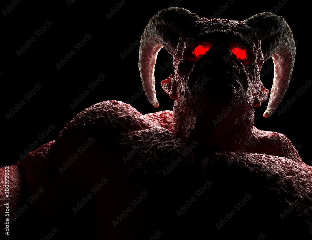 Powerful demon, devil, imp, monster with twisted horns, luminous eyes ...