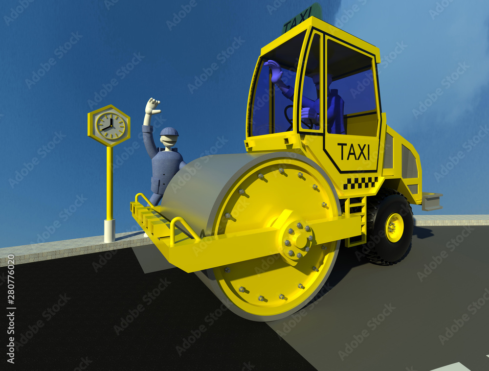 Innovative taxi service 3D illustration 2. A character stopping steam ...