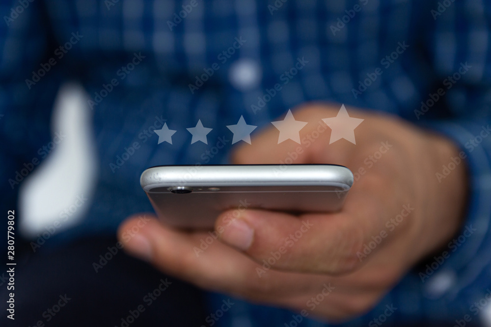 Customer service, performance analysis. A man hand using smart phone ...