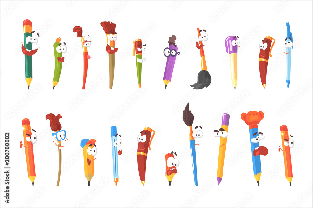 Smiling Pen, Pencils And Brushes, Set Of Animated Stationary Cartoon ...