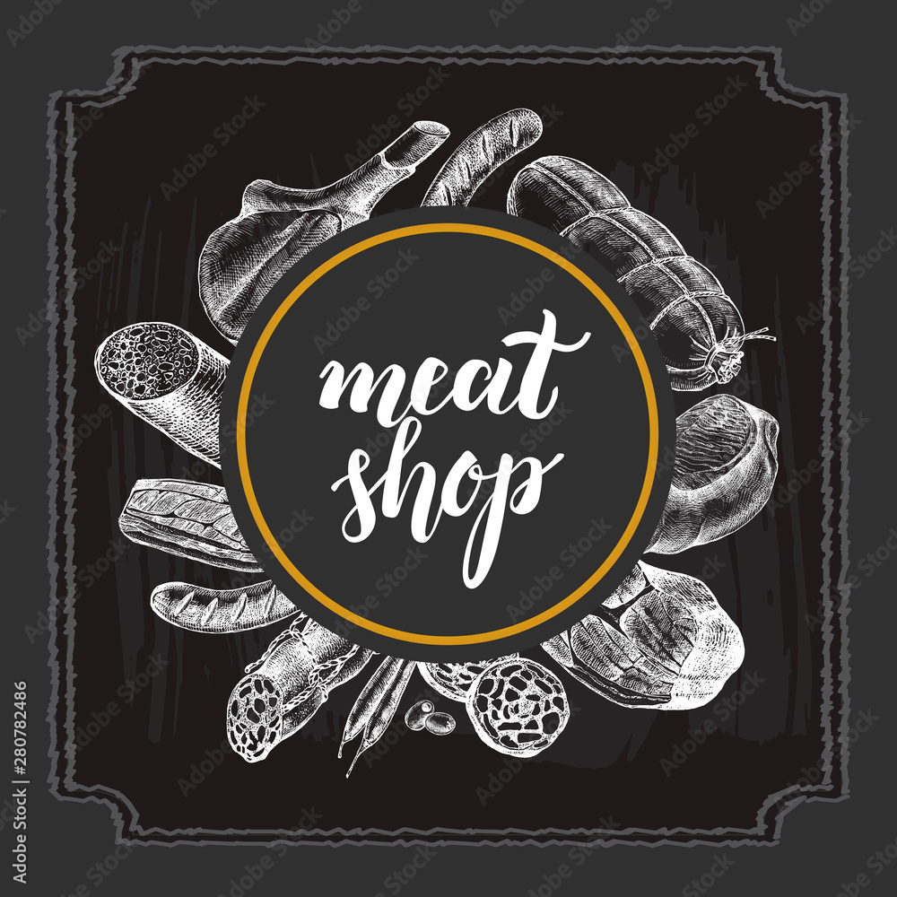 Ink hand drawn background with meat products, bacon, salami and ...