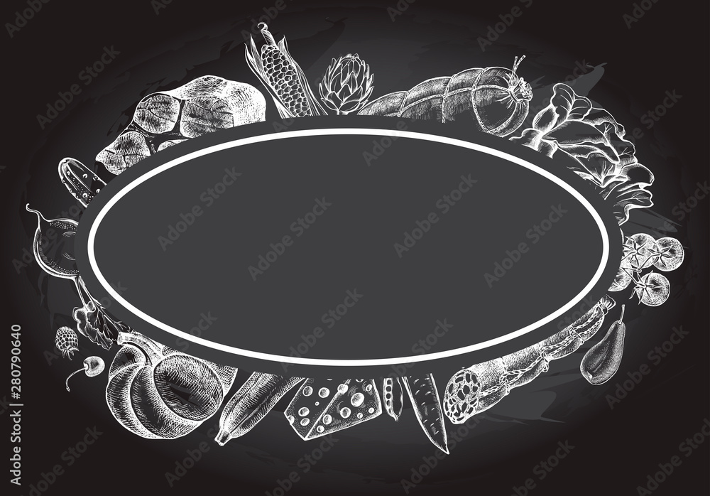 Ink hand drawn background with meat products, vegetables, fruits ...