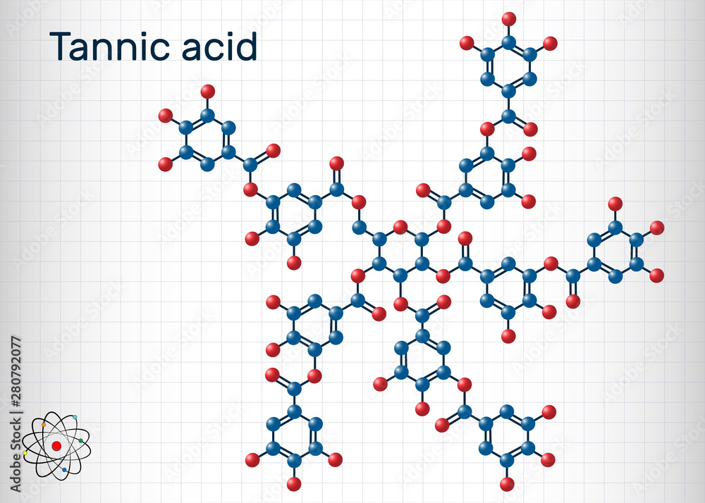 Tannic acid, tannin molecule. It type of polyphenol. Sheet of paper in ...