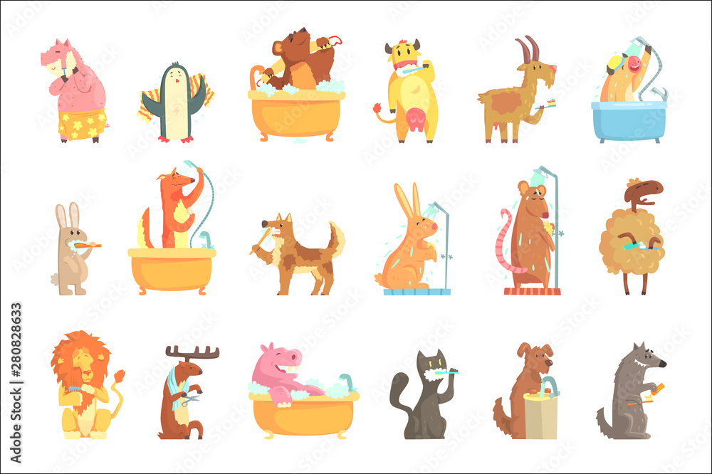 Cute animals bathing and washing in water, set for label design ...