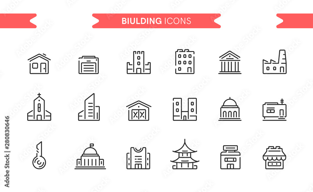 Buildings icons set isolated. Line art. Editable. Signs and symbols ...