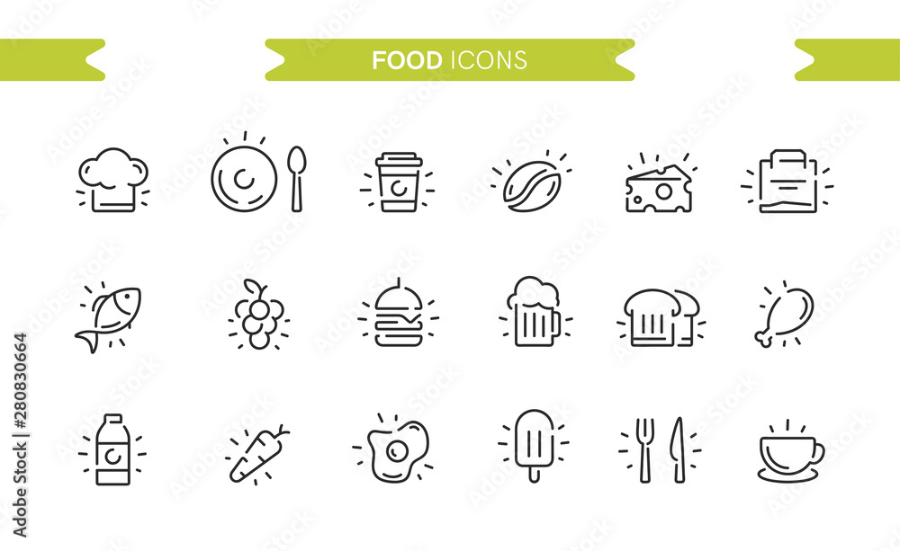 Food icons set isolated. Line art. Editable. Signs and symbols. Modern ...