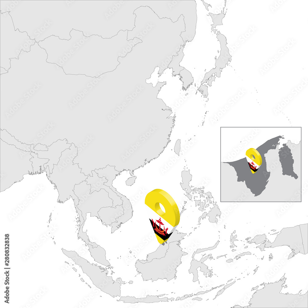 Brunei Darussalam State Location Map on map Asia. 3d Brunei flag map ...