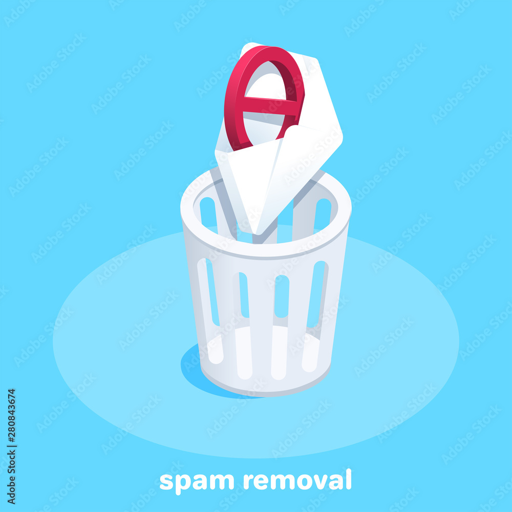 isometric vector image on a blue background, a spam envelope falls into ...