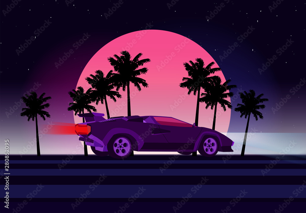 Retro future. 80s style sci-fi background with supercar. Futuristic retro car. Vector retro ...