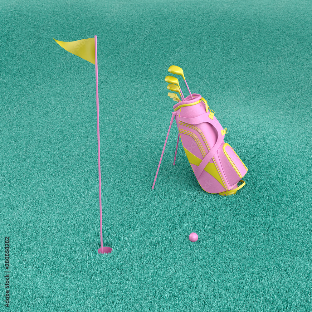 Minimal golf game concept. Golf bag on the abstractive grass field ...