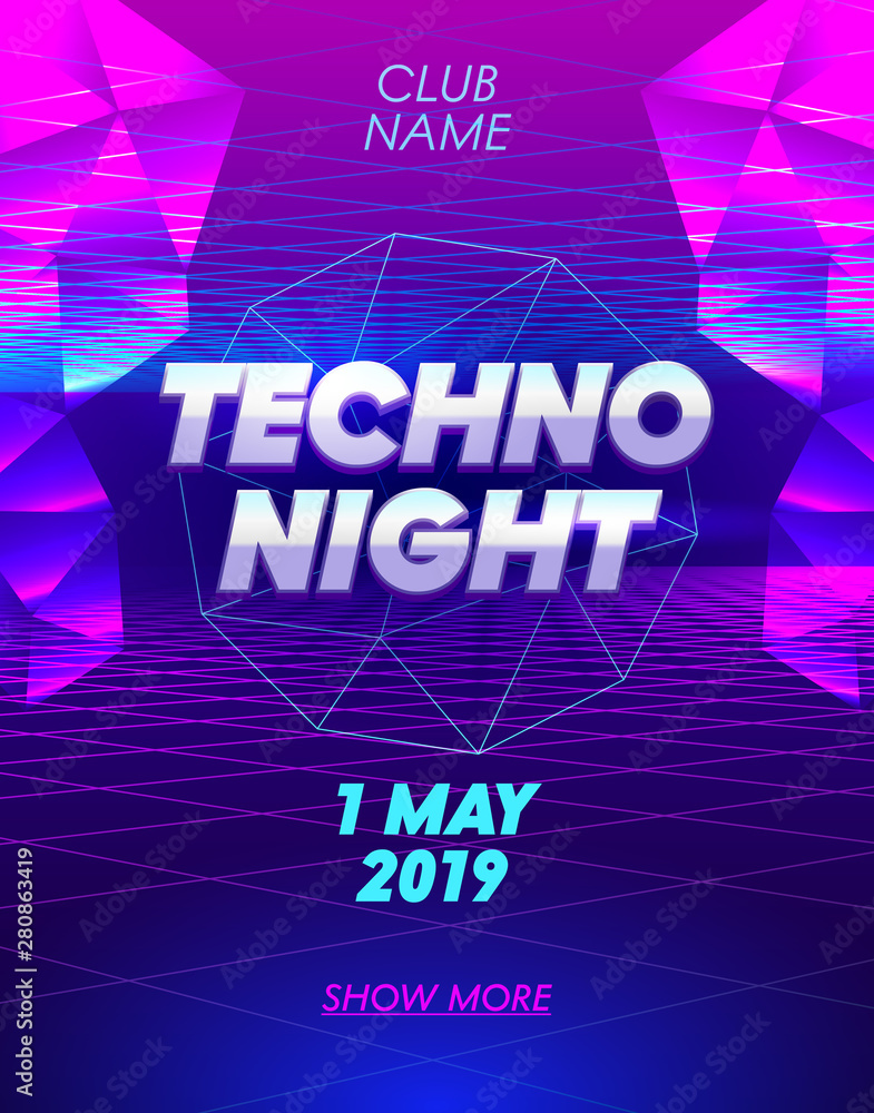 Techno Night Banner with Typography on Synthwave Neon Grid Futuristic ...