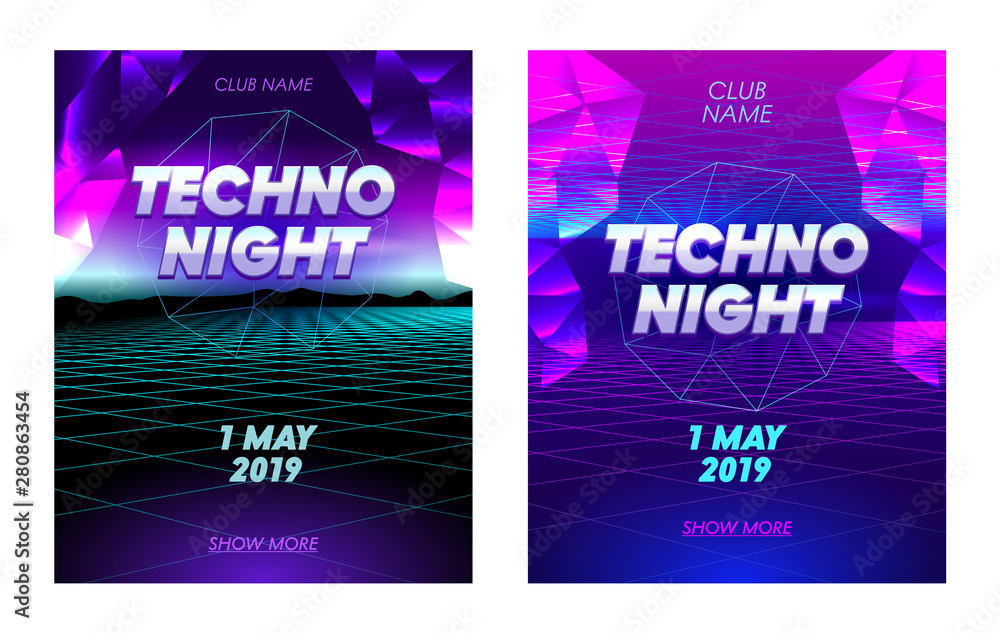 Vetor de Techno Night Banners Set with Typography, Synthwave Neon Grid ...