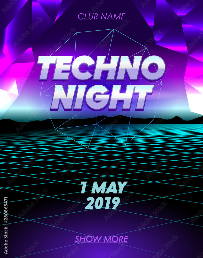 Techno Night Banner with Typography, Club Party Poster on Synthwave ...