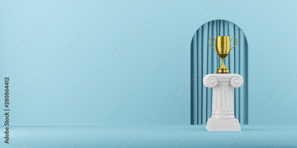 Abstract podium column with a golden trophy on the blue background with ...