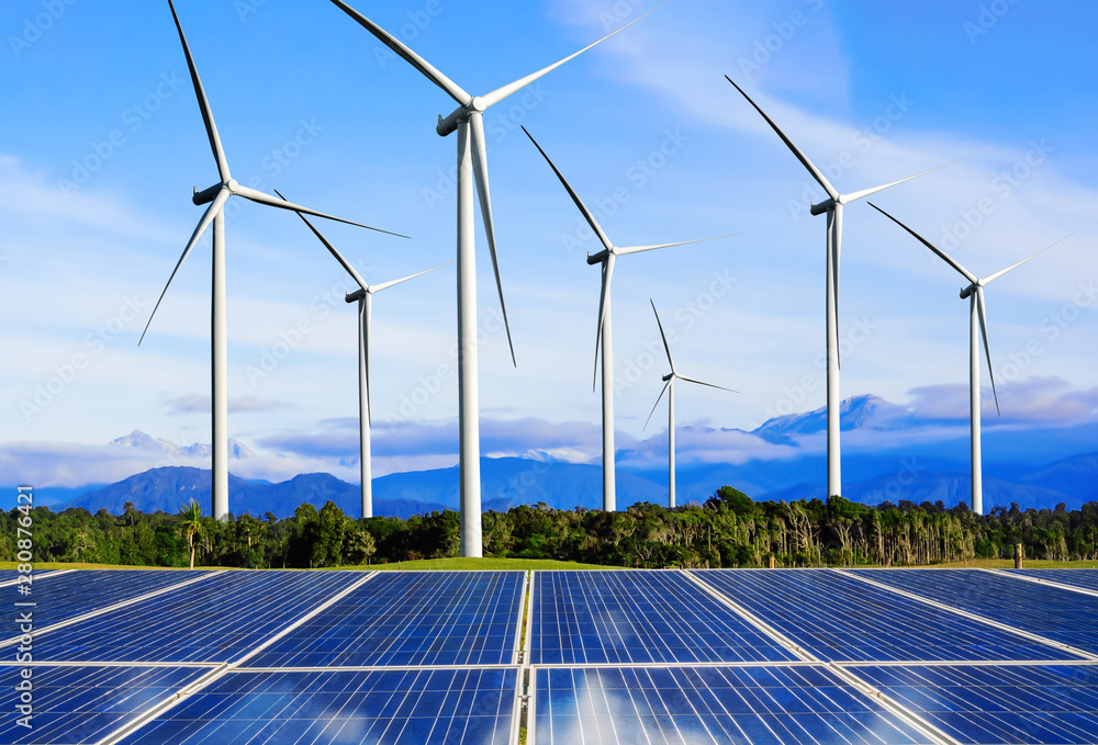 Solar energy panel photovoltaic cell and wind turbine farm power ...
